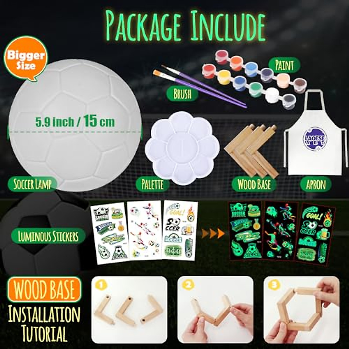 LAOESE Paint Your Own Soccer Ball Lamp Kit, DIY 3D Night Light with Soccer Stickers & Wooden Stand, Art Supplies Creativity Arts & Crafts Kit for Kids, Birthday Gifts for Boys
