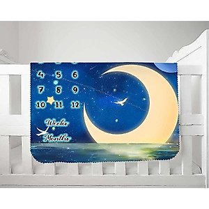 KIKIDOR Dreamy Moon Theme Baby Monthly Milestone Blanket Fantasy Crescent Moon Starry Sky New Baby Photo Backdrop New Baby Gifts for Baby Shower Newborn Growth Chart Flag Blanket 48x40inch BTZYKI98