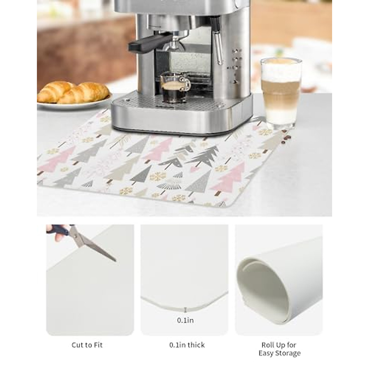 Coffee Mat for Counter,Merry Christmas Xmas Tree Snowflake Texture Pink Absorbent Hide Stain Coffee Bar Mat,Non-slip Coffee Bar Accessories Kitchen Drying Mat Fit Under Coffee Maker Espresso Machine