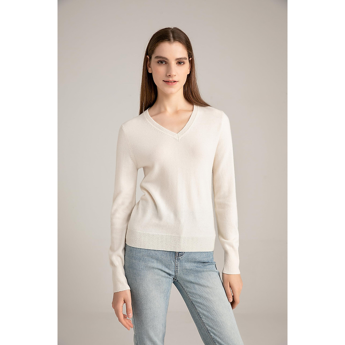 State Cashmere Women’s Essential V-Neck Sweater 100% Pure Cashmere Classic Long Sleeve Pullover (Undyed White, Large)