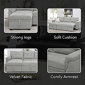 Perry Modern Sectional Sleeper Sofa with Pull Out Bed, Reversible Sleeper Sectional Sofa Bed, Best Sleeper Sofa Couch with 168L Storage, L-Shape Pull Out Couch Bed Sleeper Sofa - Gray,Velvet