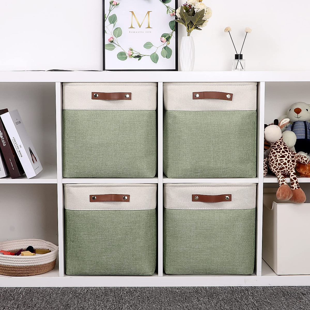 Temary Cube Storage Baskets for Shelves 10pack Fabric Storage Basket for Organizing Toys, Clothes, Storage Cubes with Leather Handles, Closet Baskets Nursery Home (White&Green)