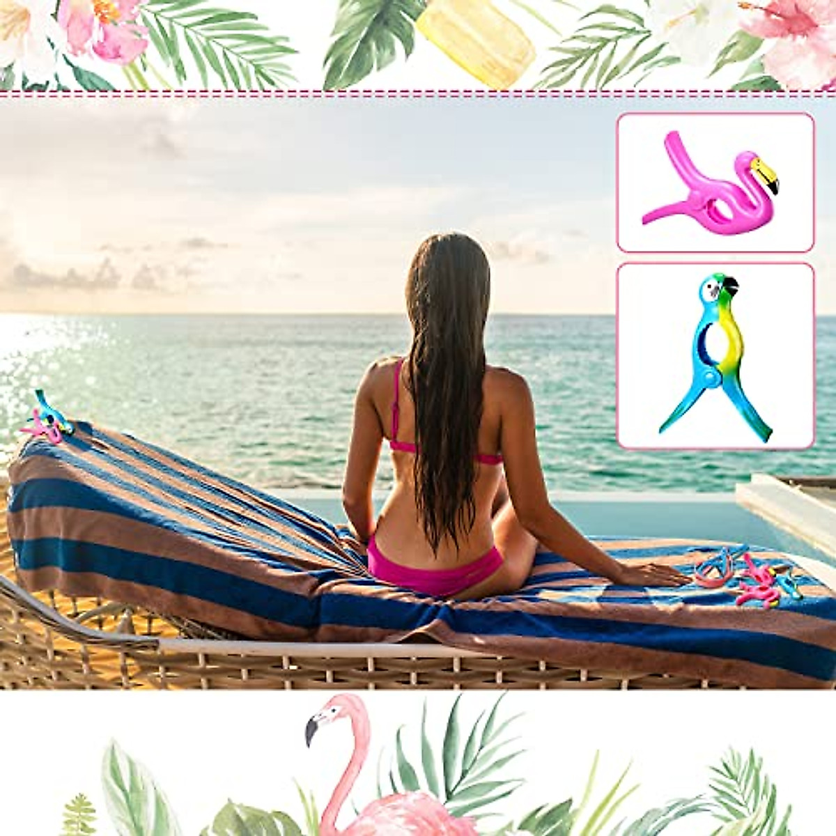 6 Pcs Beach Towel Accessories, Flamingo Beach Towel Clip Parrot Towel Holder Clothes Pegs, Beach Towel Bands Jumbo Size for Clothes Quilt Blanket Home Patio Pool Chair