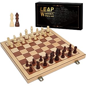 LEAP 15.5" Inches Wooden Chess Set with Wooden Checkers 2 Extra Queens - Folding Board, Portable Travel Chess Board Sets with Chess Pieces Storage Slots - All Age Chess Set for Adults and Beginner