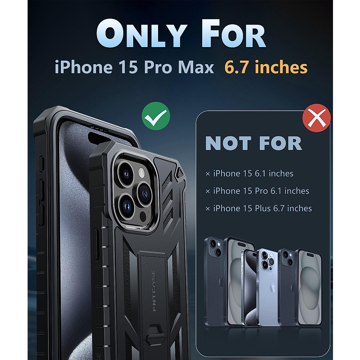 FNTCASE for iPhone 15-Pro-Max Case: Military Grade Drop Proof Rugged Protective Cell Phone Cover with Kickstand & Built-in Protector | Matte Textured Shockproof TPU Hybrid Bumper Cases (Black)