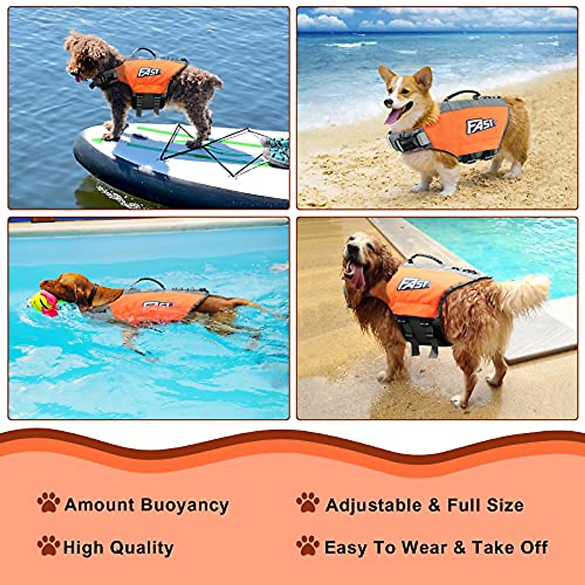 Ownpets Dog Life Jacket, Reflective Dog Safety Vest Adjustable Pet Life Preserver with Strong Buoyancy and Durable Rescue Handle for Swimming, Surfing, Boating,X-Large