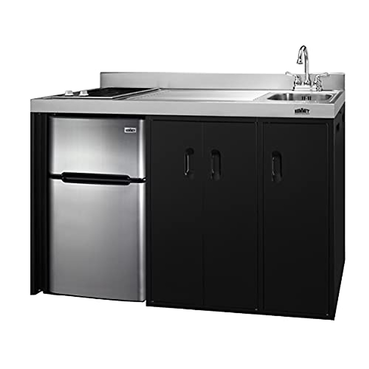 Summit Appliance CK54SINKR 54" Wide All-In-One Kitchenette, Stainless Steel Sink and Faucet, 2-door Refrigerator-freezer, 2-burner Smooth-top Cooktop, Indicator Lights, Storage Compartments