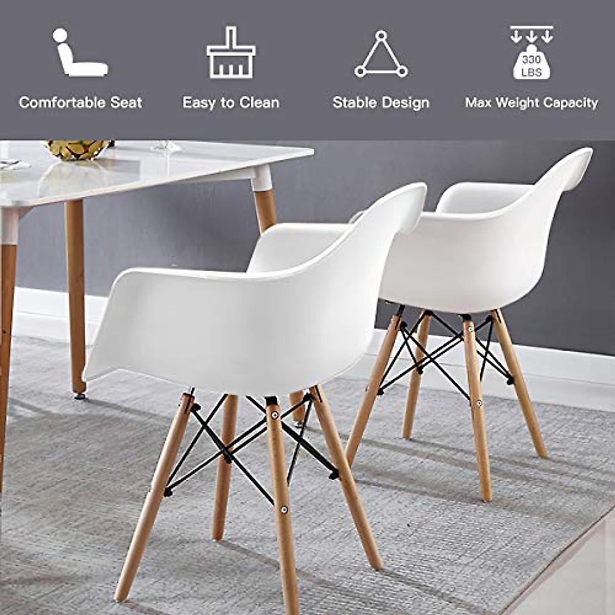 Giantex Dining Chairs Set of 4 White, Easily Assemble Modern Mid Century Dining Chairs with Wood Legs, Max Load to 330 Lbs, Plastic Kitchen Chairs with Arm for Dining Room