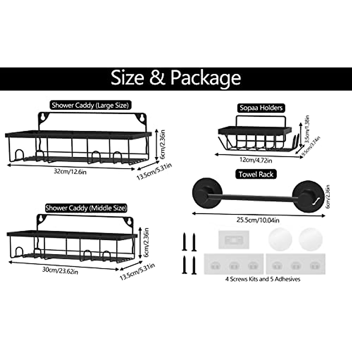 Kalawen Shower Caddy, Shower Shelf for Inside Shower with Hooks, 4 Pack Stainless Steel No Drilling Adhesive Shower Organizer with Soap Holder and Towel Holder