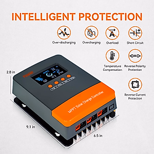 60A MPPT Charge Controller 12V 24V 36V 48V Auto, Solar Charge Controller Regulator 60amp w/Large LCD Display & 10AWG Solar Extension Cable 10 Feet