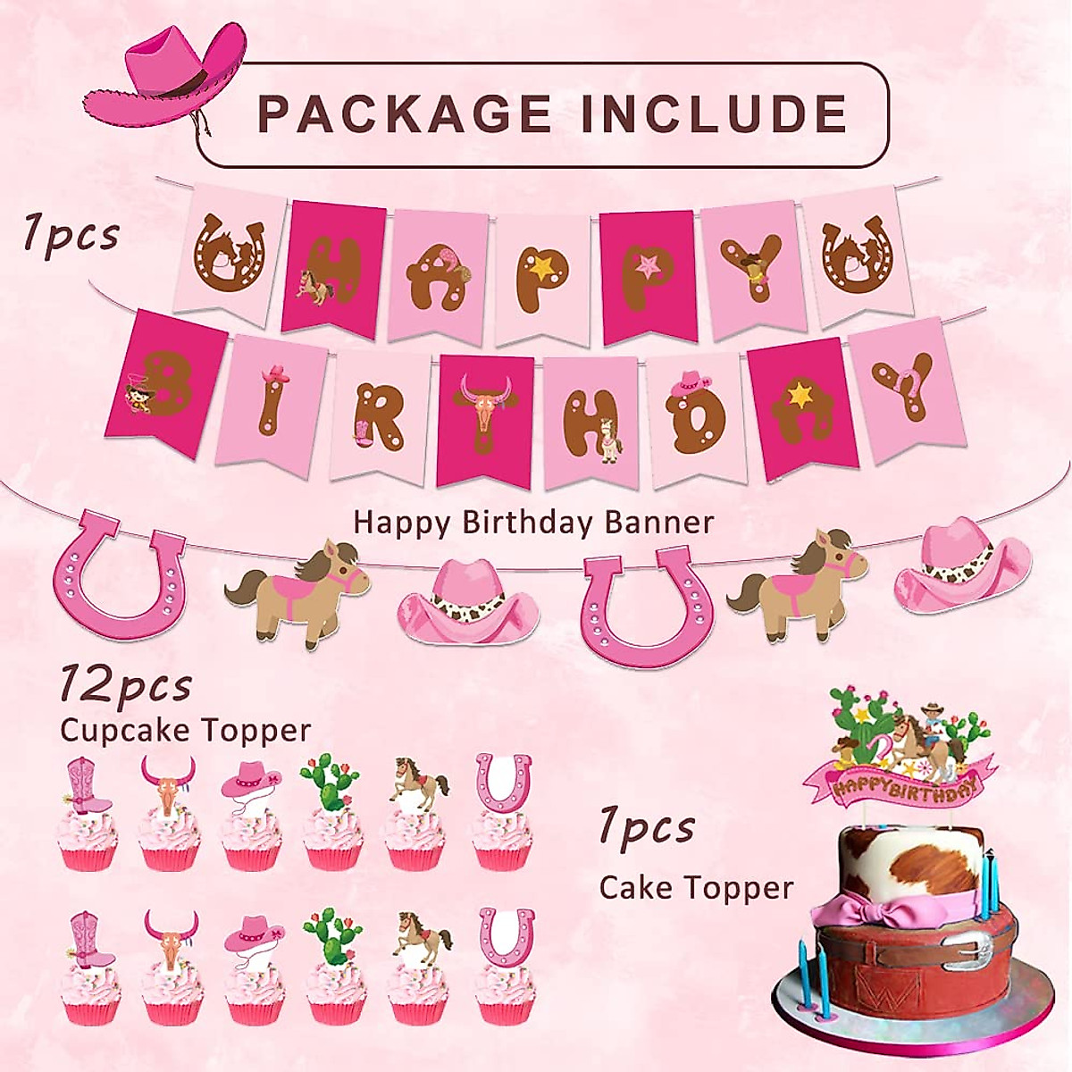Western Cowgirl Birthday Party Decorations, Retro Horse Rodeo Party Supplies for Girls Included Horse Shaped Foil Balloons Happy Birthday Banner Cake Topper Hanging Swirls 12 Inch Latex Balloons