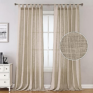 Linen Curtains 108 Inch Natural Linen Semi Sheer Curtains Tab Top Light Filtering Panels Burlap Linen Textured Curtains for Living Room Window Treatment Drapes, Privacy Added, 2 Panels, Angora