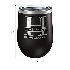 Personalized 12oz (17 Colors) Powder Coated Stainless Steel Stemless Wine Tumbler with Lid, Custom Etched, Customized Gift for Women Her, Wine Lover, Halpert Monogram Initial Name (Black)