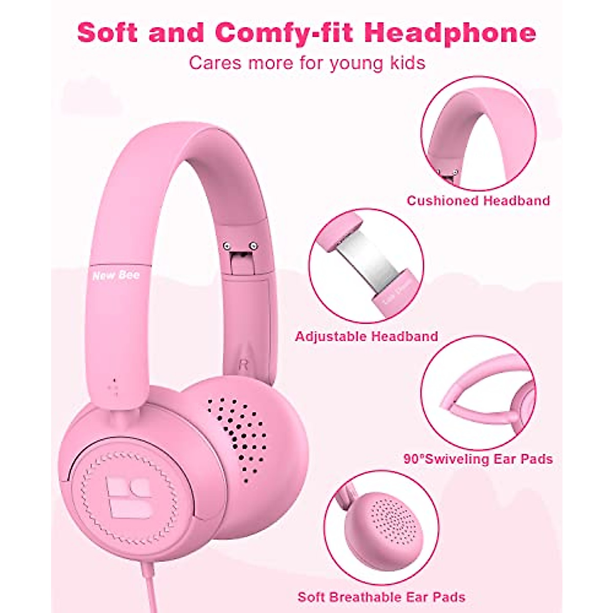 Link Dream Kids Headphones for School with Microphone Stereo On-Ear Folding 85/94dB Volume Control Child Headphones for Kids/Girls/iPad/Fire Tablet/PC/Travel, Pink
