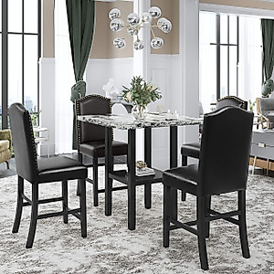 Merax 5 Piece Counter Height Pub Table Set, Dining Table Set Marble Veneer Top Kitchen Table with Bottom Shelf and 4 PU Leather Chairs (Black Chair+Gray Table)