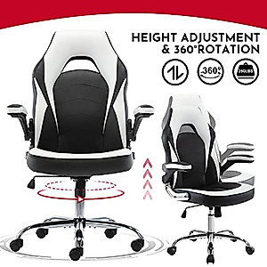 Office Chair, Ergonomic Desk Chair Flip-up Padded Armrests Gaming Chair PU Leather Computer Chair Executive Swivel Task Chair for Working Studying (White, Flip-up armrest)