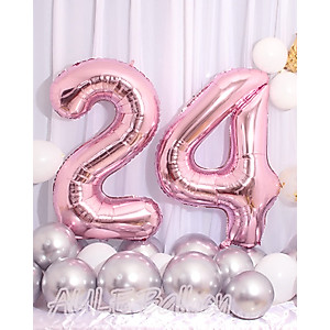 AULE 40 Inch Large 24 Number Balloons Rose Gold Big Foil Number Balloons Giant Helium Happy 24th Birthday Party Decorations for Women Huge Mylar 42 Anniversary Supplies