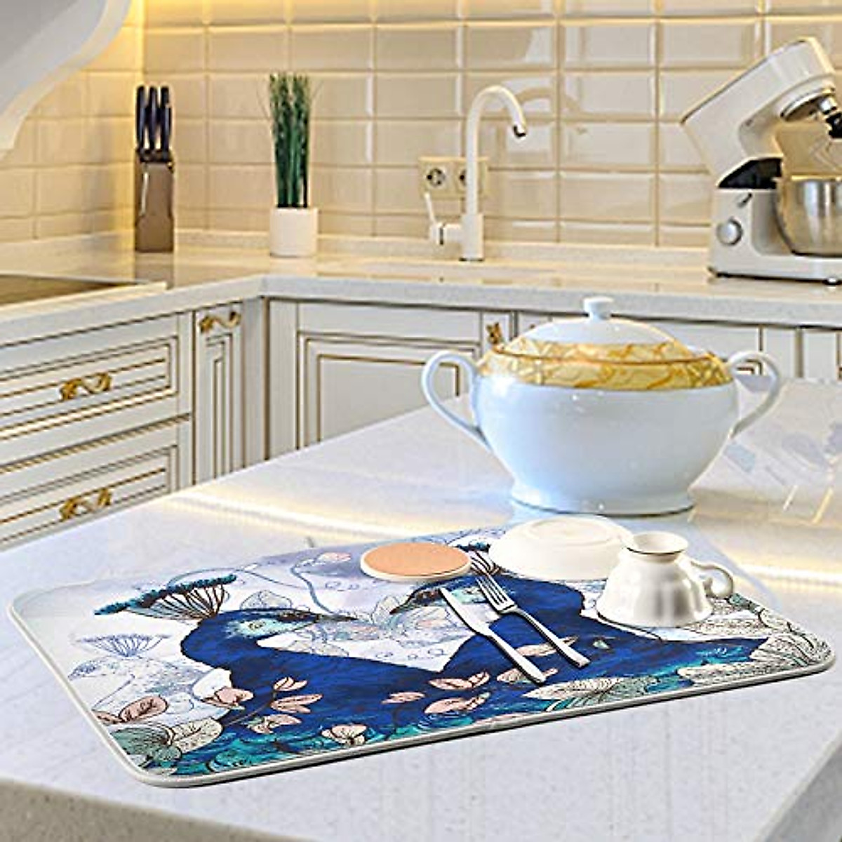 Painting Lovely Heart Peacock Dish Drying Mat 16"x18" Absorbent Machine Washable Hanging Fast Dry Pad Dish Protective Mat for Kitchen Countertop Heat Resistant Dinner Table Mat