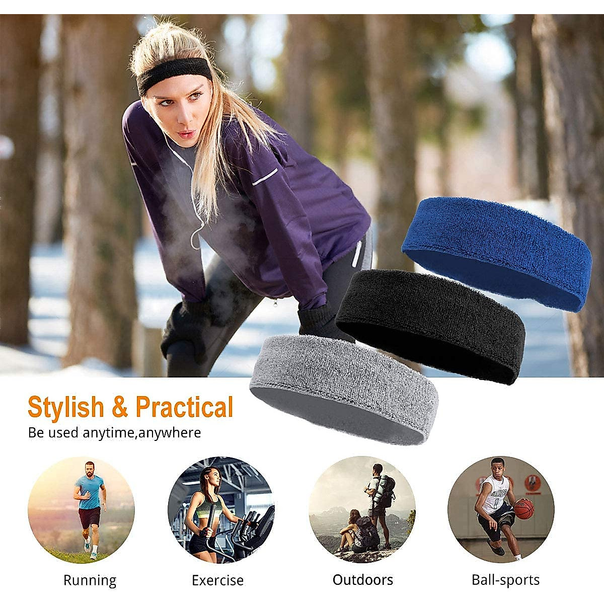 Mens Headband, Horuhue 3 Pack Men Athletic Sport Headband Soft Moisture Wicking Headband for Men Workout Sweatband for Running, Crossfit, Cycling, Yoga, Basketball