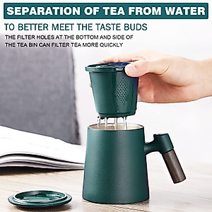 POEKLSYNM Ceramic Tea Mug, Porcelain Tea Cup with Lid and Infuser Wooden Handled, Daily and Office Use Gift Tea Cup with Strainer Steeping, 13.5oz / 400ml (Green Matte)