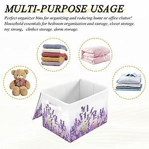 Kigai Collapsible Lavender Flowers Storage Basket with Lids and Handles,Storage Bins for Shelves Closet Bedroom,Office Storage