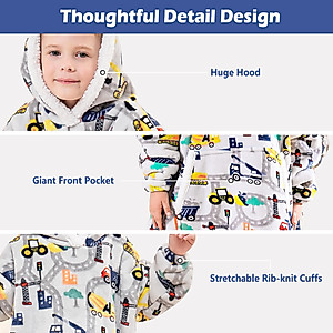 Wearable Blanket Hoodie for Kids, Super Warm and Soft Sherpa Flannel Sweatshirt Blanket with Giant Pocket, Hooded Blanket for 2-6 Year Old Boys Gifts, Construction Truck