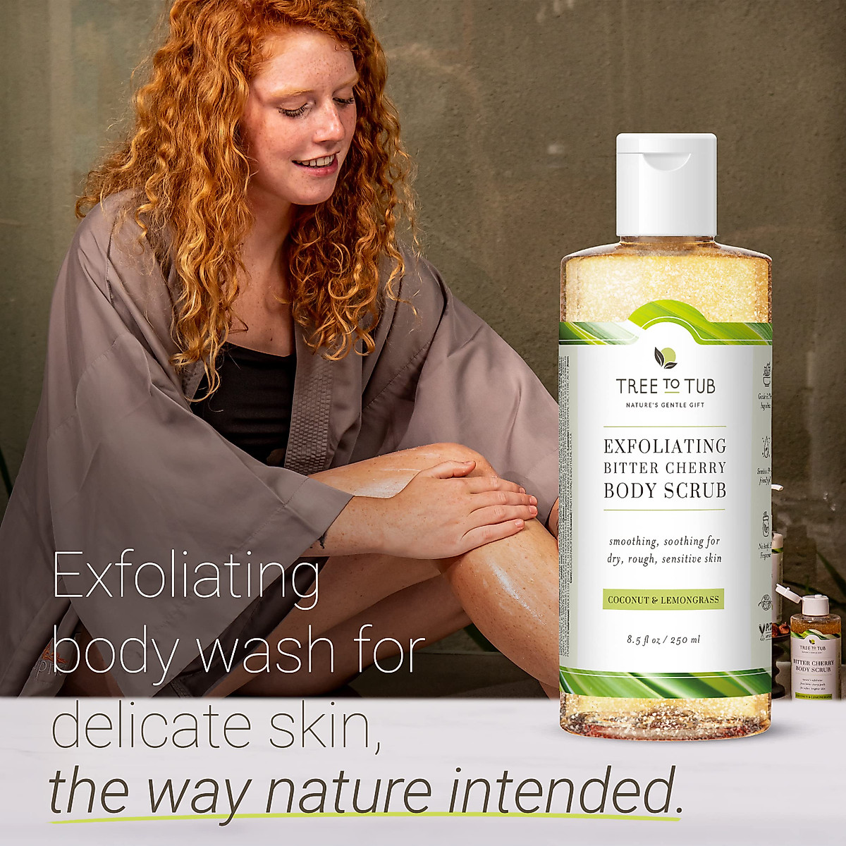 Tree to Tub Bitter Cherry Coconut Exfoliating Body Wash - Gentle Exfoliating Body Scrub for Sensitive Skin - Skin Exfoliator for Body for Women & Men w/Natural Soapberry, Natural Cherry, Organic Rice