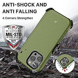 MYBAT Pro Shockproof Maverick Series Case for iPhone 14 Pro Max Case with Belt Clip Holster and Tempered Glass, 6.7 inch, Heavy Duty Military Grade Drop Protective, with 360° Rotating Kickstand-Green