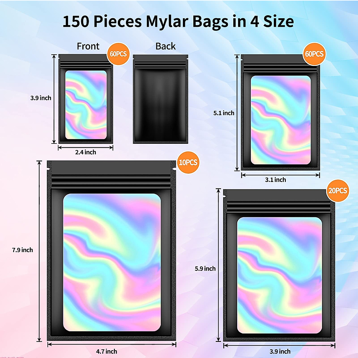 Ruiqiger 150 PCS Resealable Smell Proof Mylar Bags Food Storage Ziplock Holographic Bag Packaging Pouch Black With Window for Coffee,Electronics