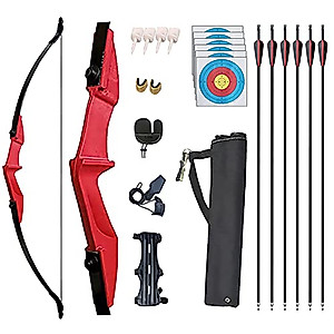 Monsour Archery Takedown Recurve Bow and Arrow Set Left/Rght Hand Longbow Kit Beginner Outdoor Hunting Shooting Practice 20lb 30lb 40lb (Red 20lb)