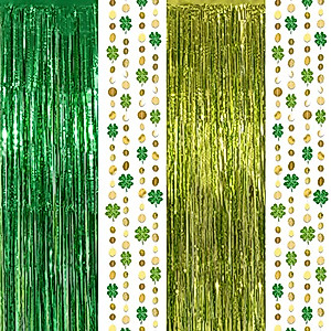 Green Gold Tinsel Foil Fringe Curtain Backdrop Shamrock Clover Garland Kit for St Patrick’s Day Decorations Irish Party Decoration Spring Wedding Engagement Birthday Party Supplies
