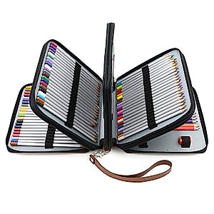 BTSKY®Colored Pencil Case Holder- Big Capacity Deluxe PU Leather Storage Pencil Organizer Holds 160 Pencils with Handle Strap for School College Office Watercolor Pencils Organization(Brown)