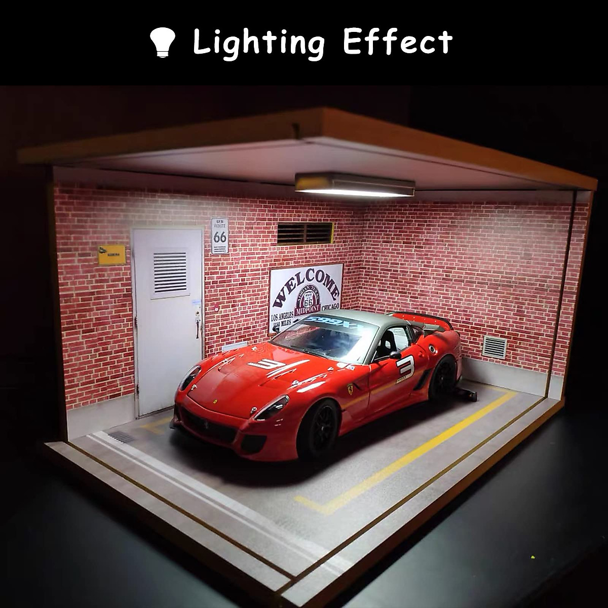 1/18 Scale Model Car Display Case - 1:18 Car Garage Display Case with Clear Acrylic Cover and LED Lighting for Die-Cast Cars, 1 Parking Route 66-Left