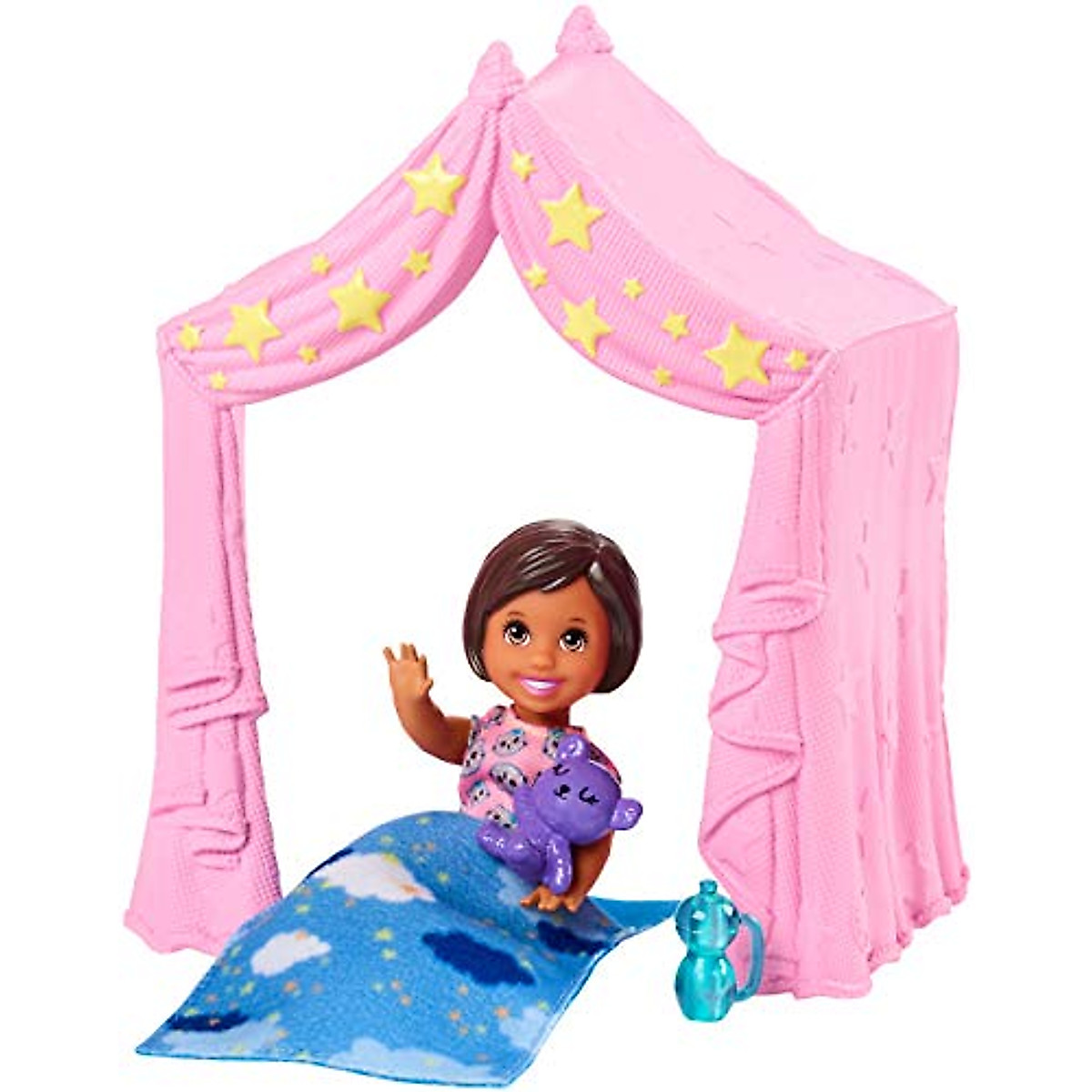 Barbie Skipper Babysitters Inc. Doll Playset Includes Small Toddler Doll, Pink Tent and Cloud-Print Sleeping Bag, Plus Bottle and Teddy Bear, Gift for 3 to 7 Year Olds