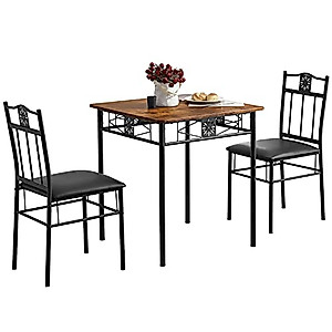 VECELO 3-Piece Kitchen Dining Room Table Set for Small Spaces, PU Padded Chairs, Retro Brown