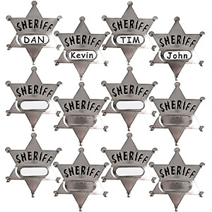 Metal Sheriff Badges - (Pack of 24) Silver Star Name Badges with Stickers for Personalized Names, Western Cowboy Dress Up Deputy's Badge Toys for Kids Birthday Party Favors, Giveaways & More