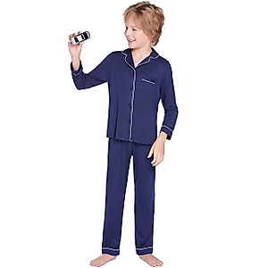 luxilooks Big Boys Cotton Button-Front Pajamas Sets 2 Piece Sleepwear Long Pj Set Casual Lougewear Soft Nightwear(Navy Blue,7-8Y)