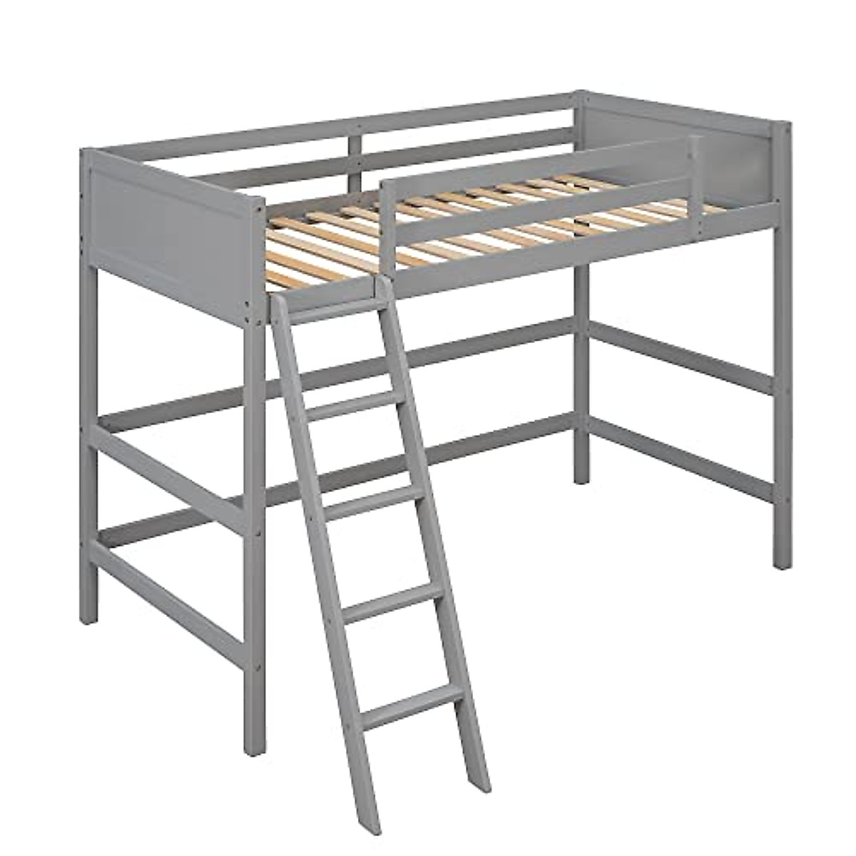 ODC Twin Loft Bed with Angle Ladder, Solid Wood Loft Bed with Safety Guardrail for Teenagers and Adults, High Loft Bed with Wooden Slats Support, No Box Spring Needed