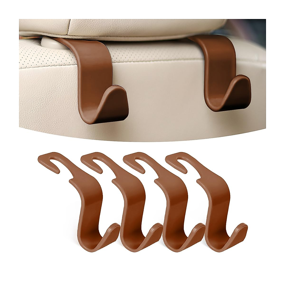 Osilly Car Seat Headrest Hook, 4 Pack Auto Seat Hanger Storage Organizer for Purse Handbag Coats Grocery Bags, Automotive Interior Accessories, Universal Vehicle Backseat Hanging Hook (Brown)