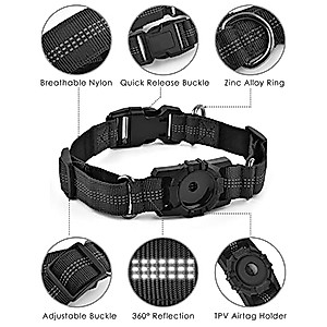 KATUMO AirTag Dog Collar, Reflective Dog Collar for Apple AirTag, Adjustable Soft Nylon Pet Collars with AirTag Holder for Medium Dogs (M, Black)