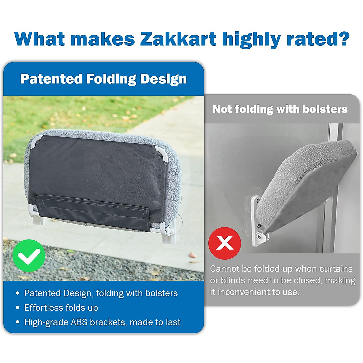 Zakkart Foldable Cat Hammock for Window - Cordless, Embeded Machine Washable Padded Bed, Robust Metal Frame - Cat Window Perch for Large Cats and Kittens (White Bolster Bed, Medium)