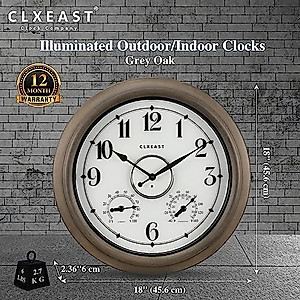 CLXEAST Illuminated Outdoor Clocks Waterproof 18 Inch with Smart Sensor,Large Outdoor Pool Clock with Temperature & Hygrometer,Wall Clock for Living Room Decor,Grey Oak/Faux Barnwood