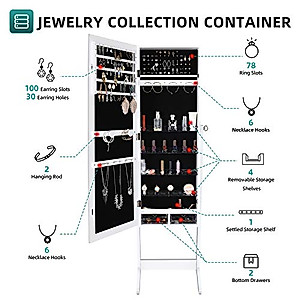 YITAHOME 2 in 1 Jewelry Cabinet with Full Length Mirror, Standing Large Capacity Jewelry Armoire Organizer with 2 Drawers, 3 Angle Adjustable, White