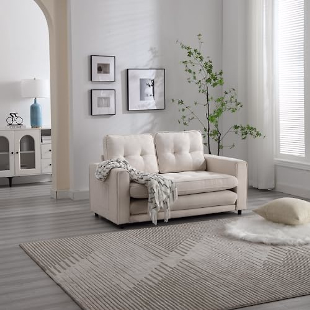 LETSHOME Sofa, Convertible Futon Sleeper sofabed,Space Saving loveseat,Pull Out Couch Bed for Living Room,Velvet Linen Fabric, Beige