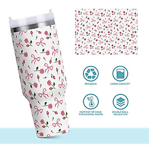 Tumbler with Handle and Straw Lid,Pink Bows Roses 40 oz Insulated Coffee Cup Stainless Steel Water Bottle Travel Mug Cupholder Friendly,Gifts for Women Men