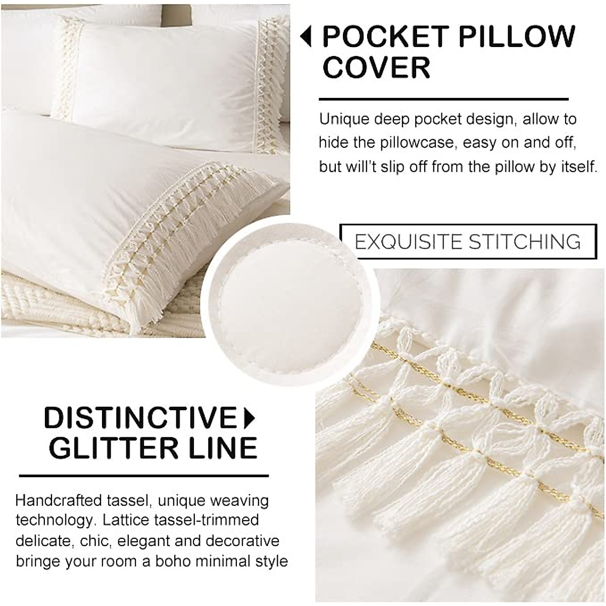 Boho King Comforter Set White Gold Comforter Set Shabby Chic Farmhouse Gold Hand Made Tufted Tassel Aesthetic Home Decor Comforter 1 Cotton Comforter 2 Pillowcases (White, King)