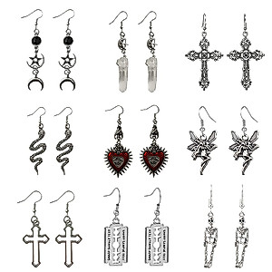 KURTCB Gothic Punk Vintage Earrings Set Grunge Y2k Jewelry Fairy Rock Harajuku Snake Evil Eye Hear Cross Skeleton Crystal Dangle Halloween Earrings for Women