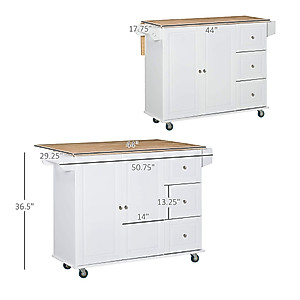 HOMCOM Mobile Kitchen Island Storage Trolley Cart on Wheels with Dropleaf Top, Towel/Spice Rack, 3 Drawers, 2-Door Cabinet, White
