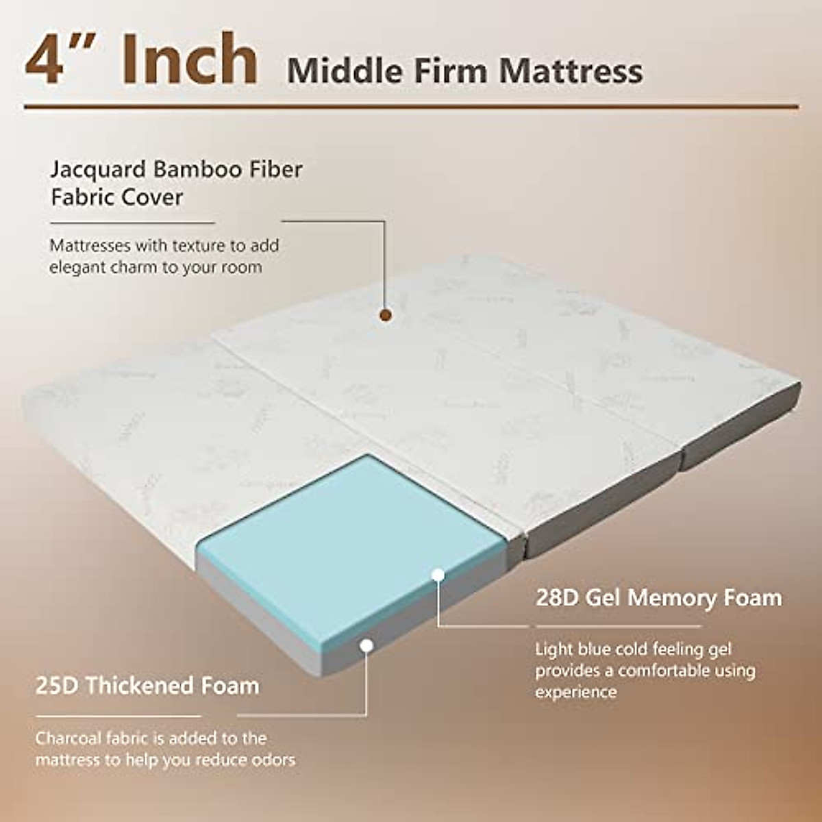GOFLAME Memory Foam Tri-Fold Mattress, 4” Foldable Floor Mattress with Storage Bag & Removable Cover, Cool Gel Memory Mattress with Bamboo Fabric for Guest Room, Living Room, RV, Camp (Queen)
