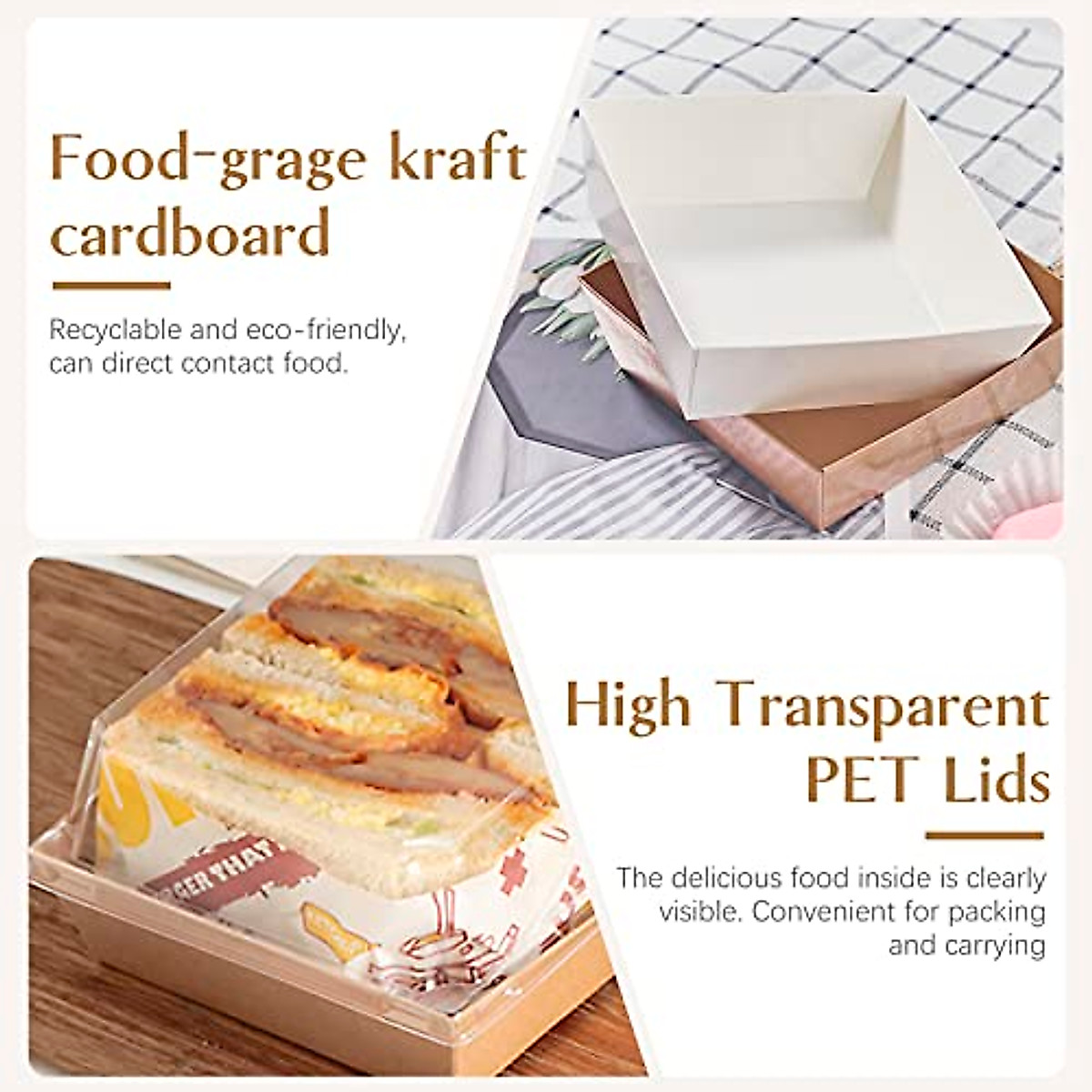 ZORRITA 50 Pack Paper Charcuterie Boxes with Clear Lids, 4 Inches Disposable Sandwich Boxes Square To Go Food Containers for Desserts, Strawberries, Cake Slice and Cookies (Brown)